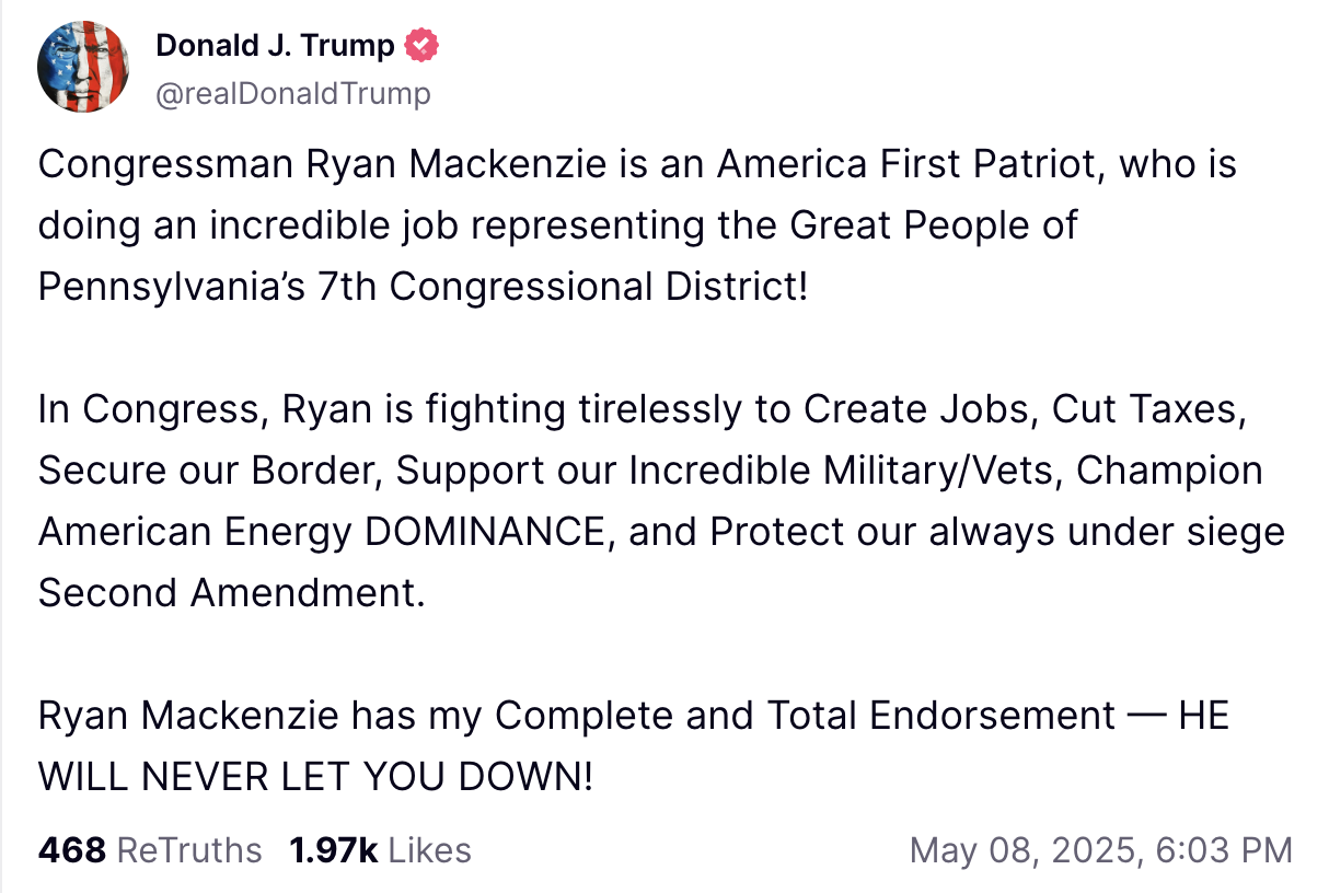 President Trump endorses Representative Ryan Mackenzie for re-election ...