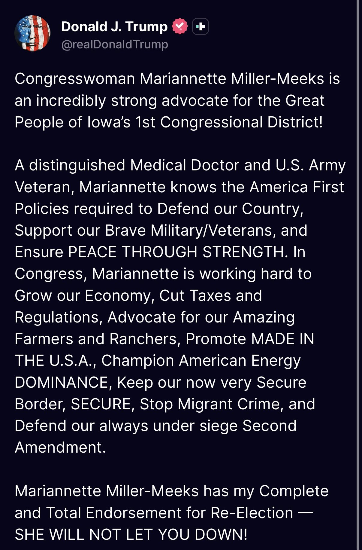 President Trump Endorses Mariannette Miller-Meeks for Re-Election - NRCC