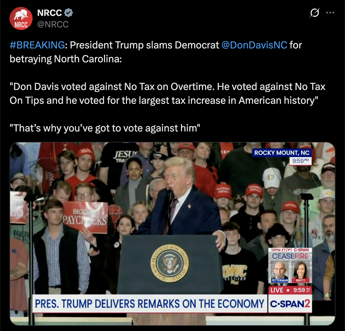 ICYMI: President Trump Blasts Don Davis in Rocky Mount - NRCC